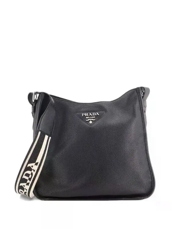 Prada Logo Strap Vitello Daino Medium Crossbody Bag - Black