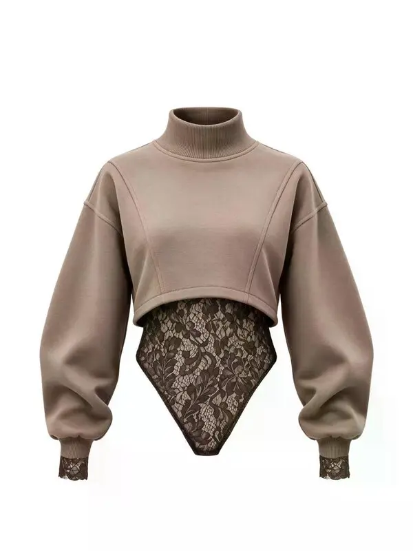 HAMZA Osaka Cropped Turtleneck Lace-bodysuit Set - Neutrals