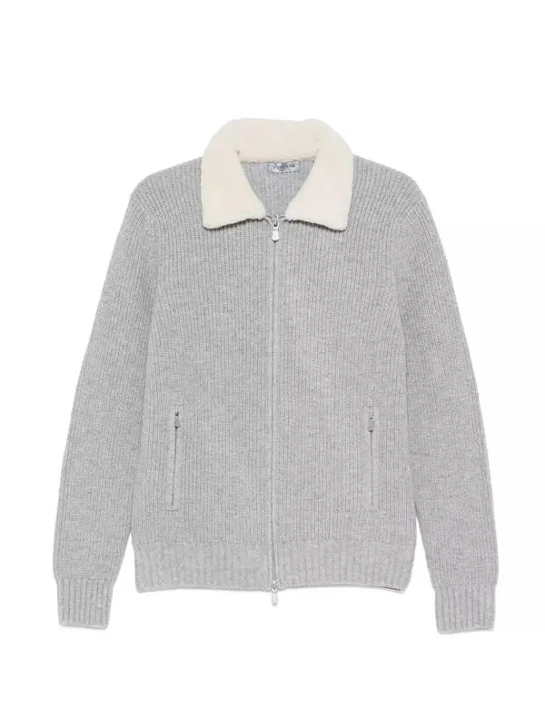 VENGERA Ribbed-knit Shearling-collar Cardigan - Grey