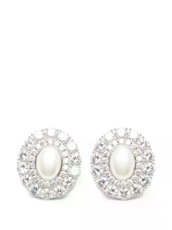 SELF-PORTRAIT Oval Crystal Pearl Earrings - Silver