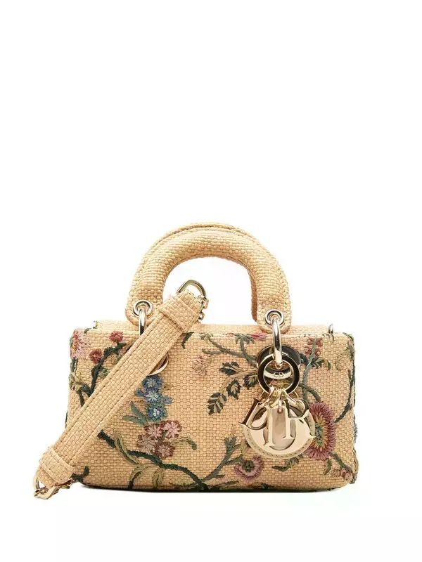 Dior 2023 Micro Floral Embroidered Raffia Lady D Joy Satchel - Neutrals