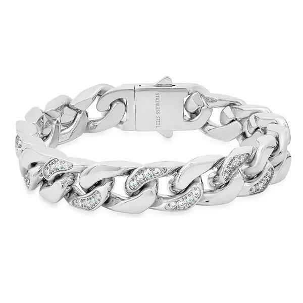 STEELTIME Stainless Steel 13mm Miami Cuban Link Cz Iced Out Bracelet With Monaco Clasp 8 Inch - Silver