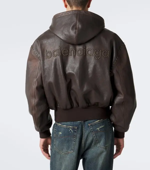 Balenciaga Studded Hooded Leather Bomber Jacket