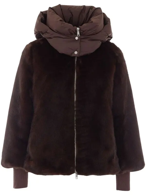 Add Zip-up Faux Fur Hooded Jacket - Brown