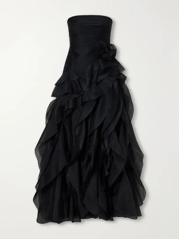 Aje Canyon Strapless Appliquéd Ruffled Plissé Chiffon Gown