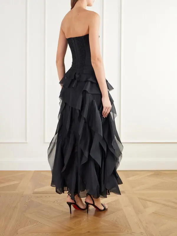 Aje Canyon Strapless Appliquéd Ruffled Plissé Chiffon Gown