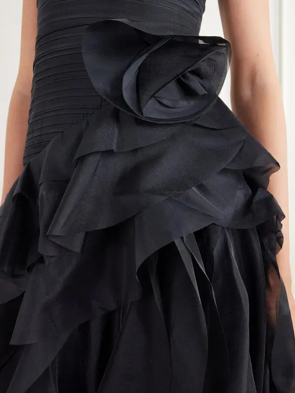 Aje Canyon Strapless Appliquéd Ruffled Plissé Chiffon Gown