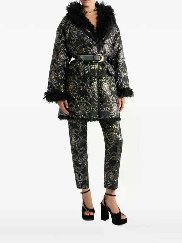 Etro Short Jacquard Coat With Belt And Faux-fur