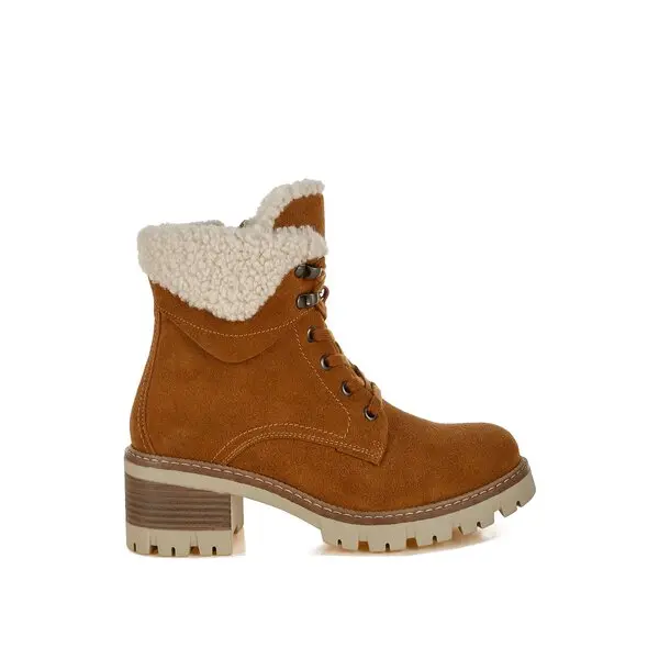 RAG & CO Madoka Fur Collar Chunky Ankle Boots In Tan By