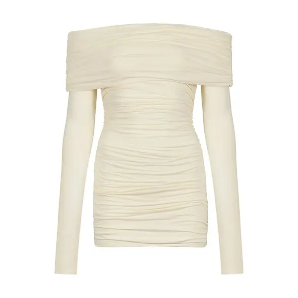 EGYPTIAN BLUE Neutrals Ivory Long Sleeve Ruched Dress
