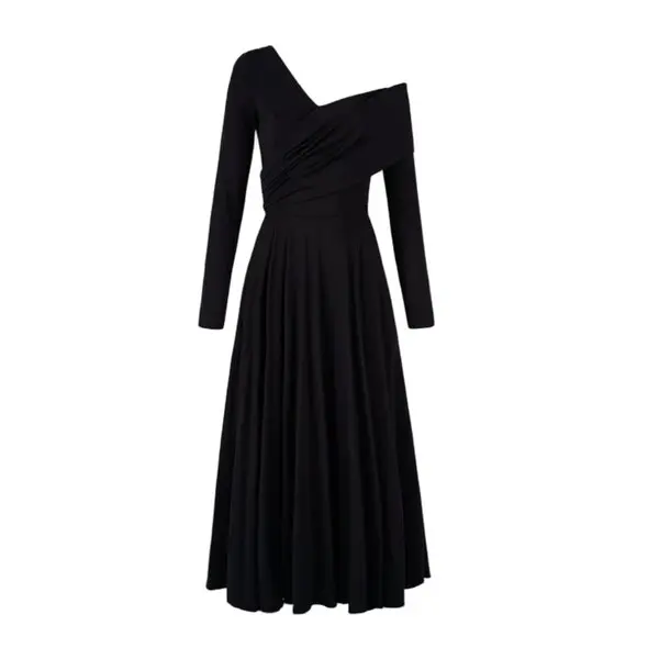 ALINA CERNATESCU Brandy Midi Off Shoulder With Drapery & Frontal Slit Cocktail Dress - Black