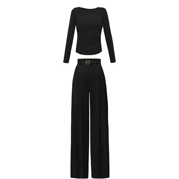 ALINA CERNATESCU Damaris Set Classic Fitted Draped Wool Blouse & Tailored Trousers Set With Included Fabric Belt - Black