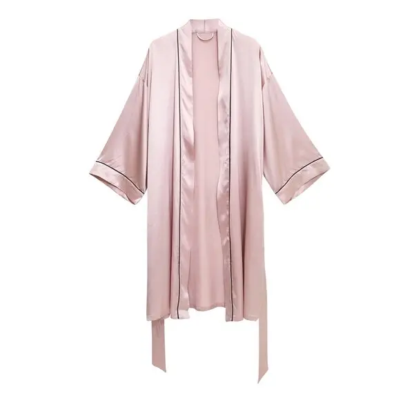 SOFT STROKES SILK Pasithea Kimono Pure Silk Robe Knee Length Double Belts And Pockets Baby Pink - Rose Gold