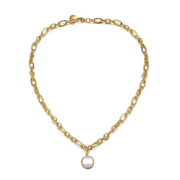 GENEVIVE Yellow Plated With Lab Created Mother Of Pearl Chain Link Necklace - Gold