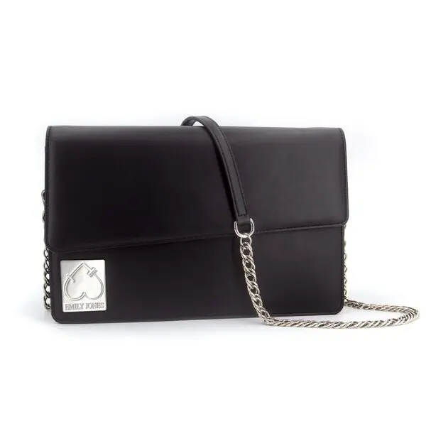 EMILY JONES Pearl Black Soft Double Flap Crossbody Bag/ Nickel Hardware - Black/silver
