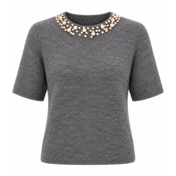 LUELLA FASHION Vicky Alpaca Blend T-shirt Pearl Embellished Collar - Grey