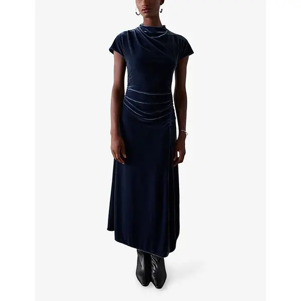 Whistles Ruched High-neck Velvet Midi Dress