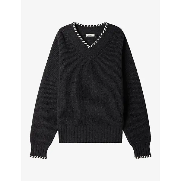 Sandro Braided V-neck Wool-blend Jumper - Grey