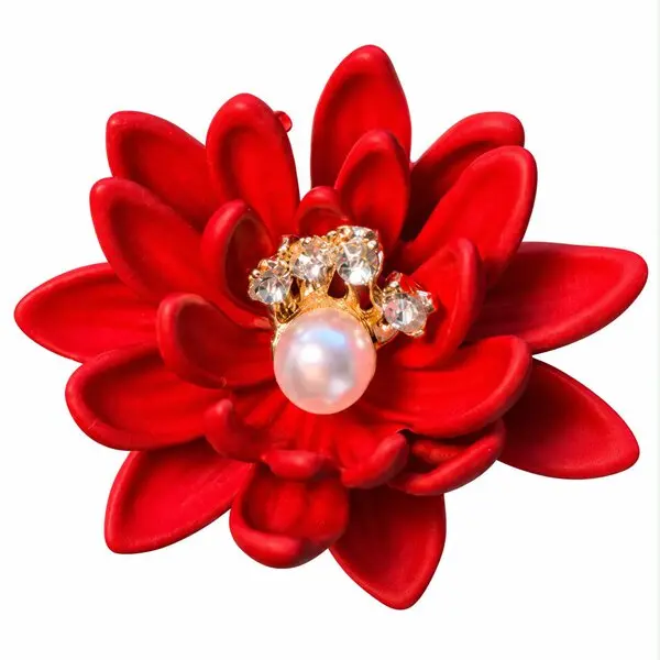  By Ozge Crimson Bloom Pearl & Crystal Gold Tone Hand Made Statet Flower Brooch - Red