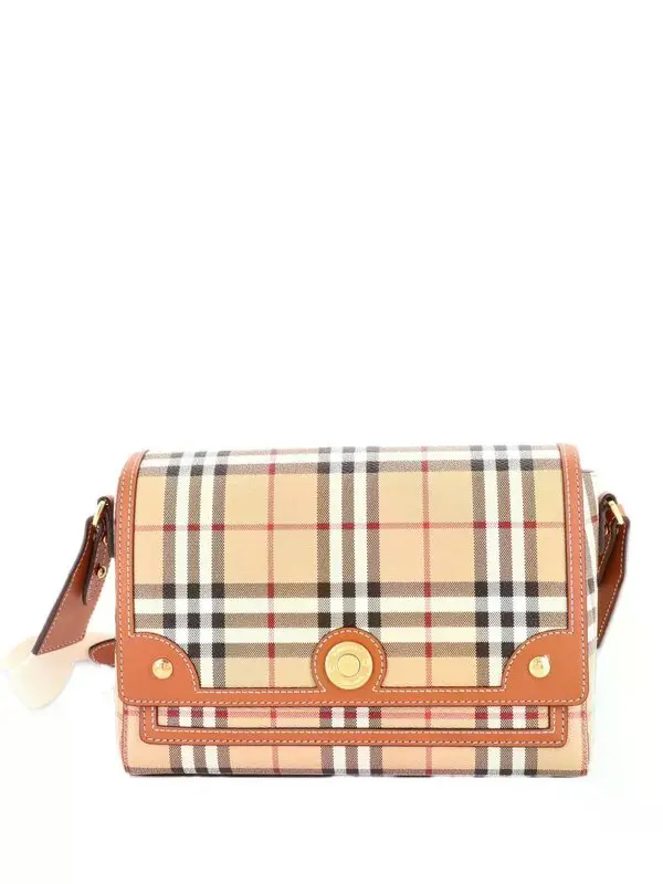 Burberry Note Leather With Vintage Check Canvas Medium Crossbody Bag