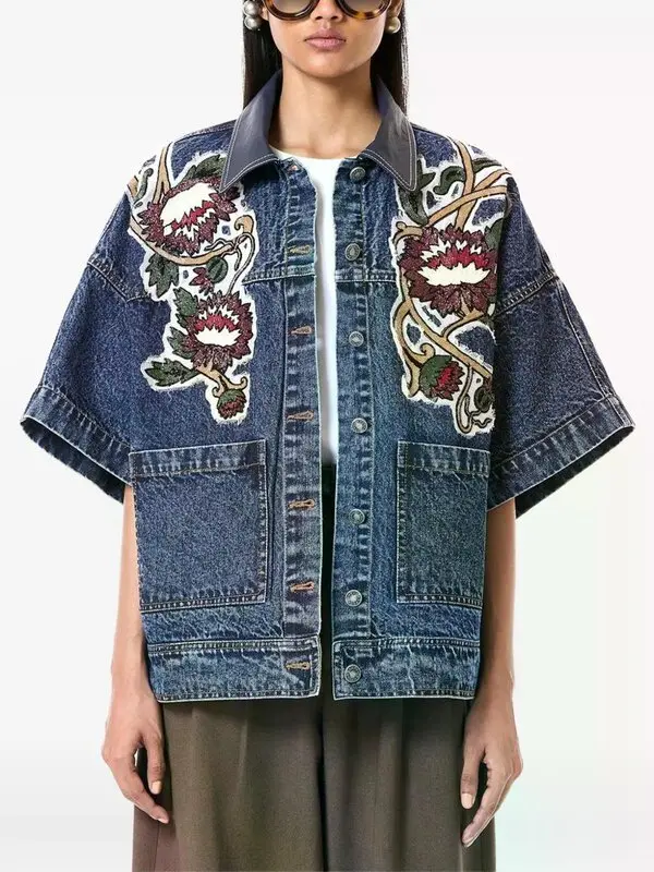 DHRUV KAPOOR Floral-embroidered Leather-collar Denim Jacket