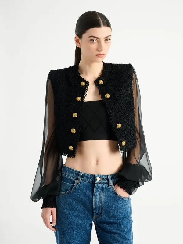 Balmain Cropped Tweed And Muslin Jacket