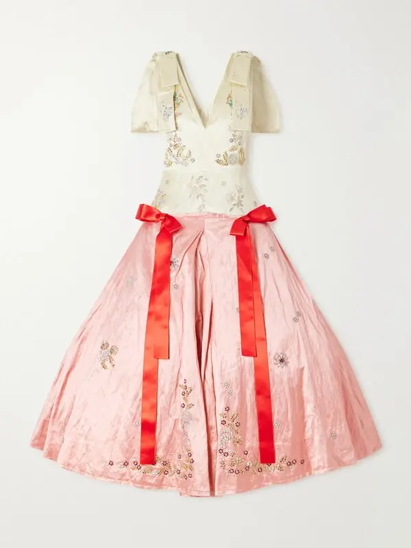 Erdem Bow-detailed Crystal-embellished Crinkled-satin Midi Gown - Multi
