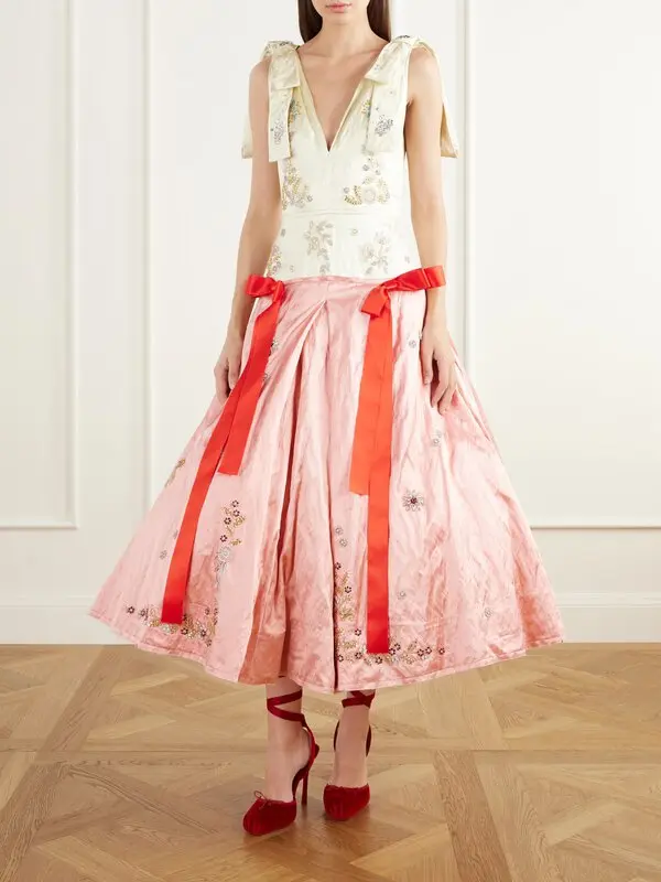 Erdem Bow-detailed Crystal-embellished Crinkled-satin Midi Gown