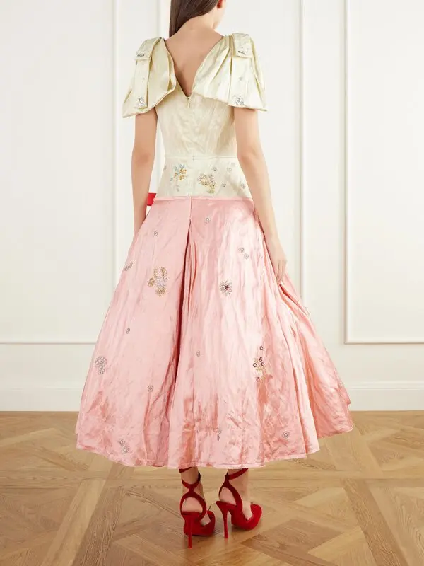 Erdem Bow-detailed Crystal-embellished Crinkled-satin Midi Gown
