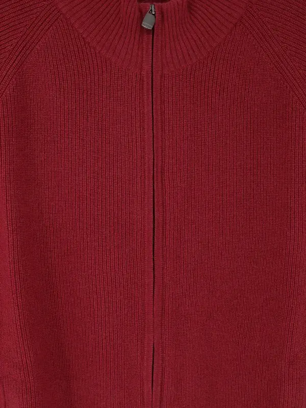 BRAMANI CASHMERE Turtleneck Zip-up Cardigan In Pure Cashmere With Ribbed Trims - Red