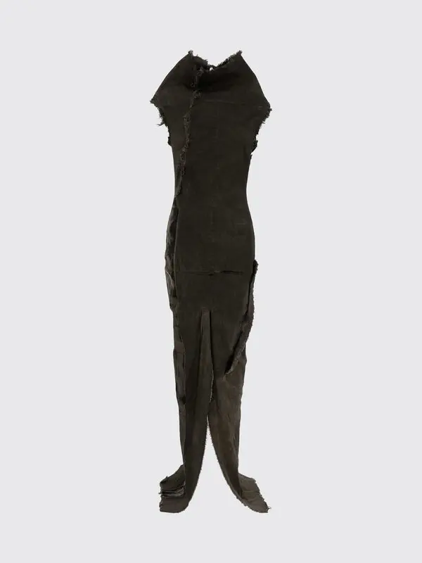 Rick Owens Asymmetric Distressed Denim Long Dress With Slit - Grey