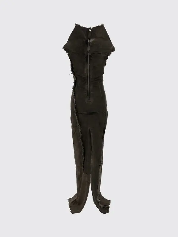 Rick Owens Asymmetric Distressed Denim Long Dress With Slit - Grey