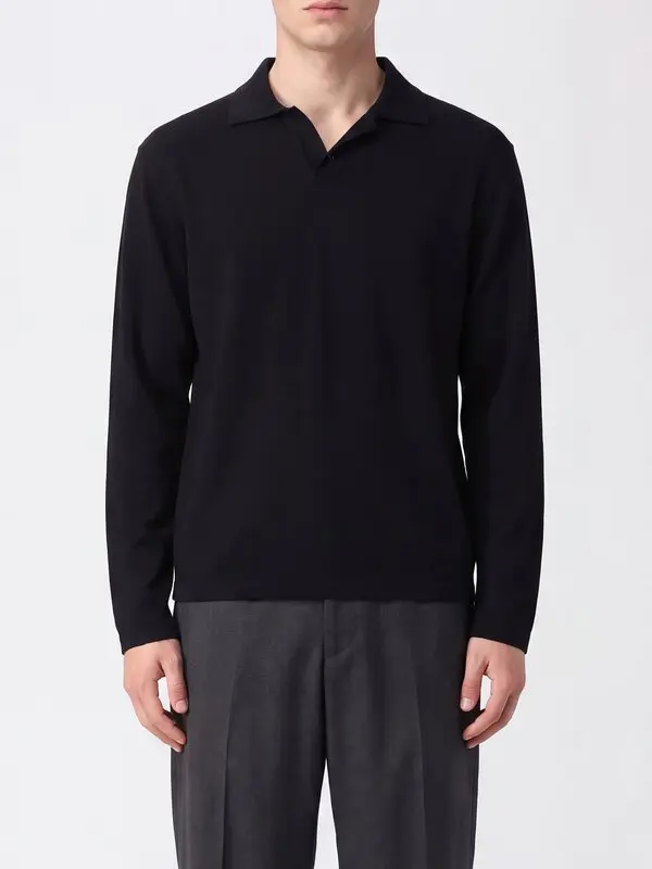 ROBERTO COLLINA Long-sleeved Pure Merino Wool Knitted Polo Sweater - Black