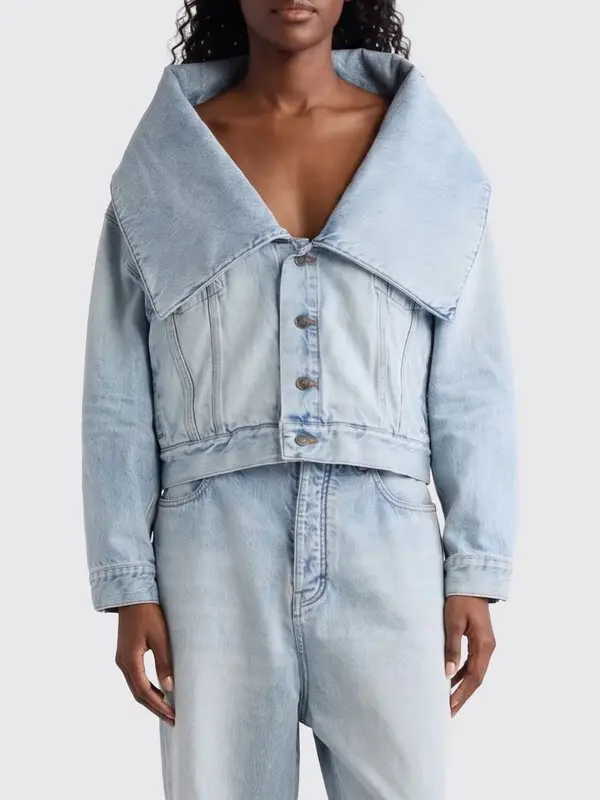 Balenciaga Cropped Bleached Denim Jacket With A Sailor Collar