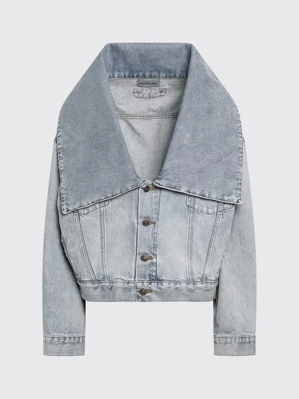 Balenciaga Cropped Bleached Denim Jacket With A Sailor Collar