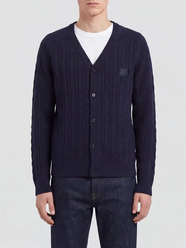 Maison Kitsuné V-neck Pure Wool Cardigan With Chillax Fox Logo Patch - Navy