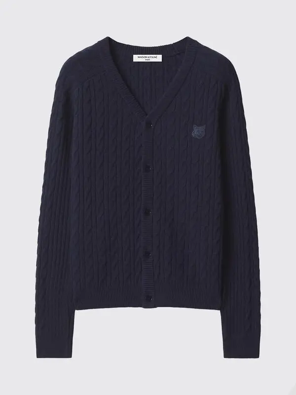 Maison Kitsuné V-neck Pure Wool Cardigan With Chillax Fox Logo Patch - Navy