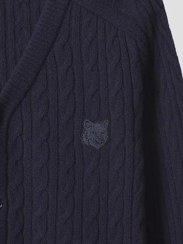 Maison Kitsuné V-neck Pure Wool Cardigan With Chillax Fox Logo Patch - Navy