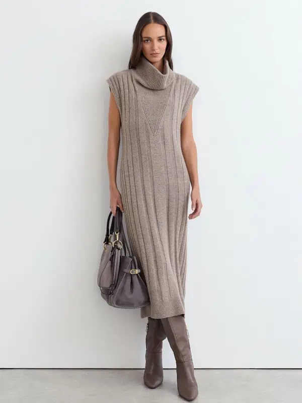 REISS Wool-cashmere Ribbed Funnel-neck Midi Dress