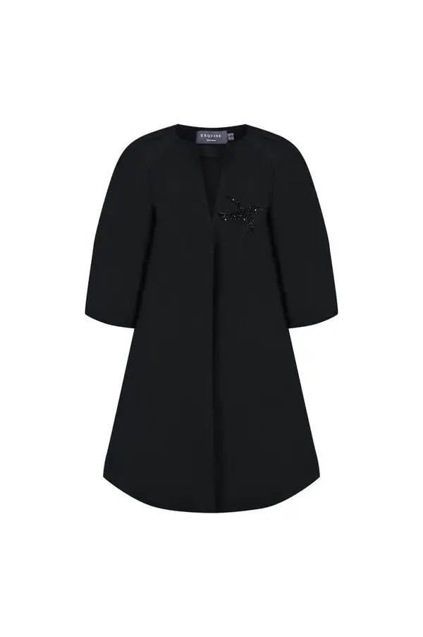 EXQUISE Regular Graceful Sheer-sleeve Wrap Dress - Black