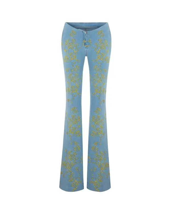 MAISON SEL Embroidered Flare Denim Pants - Blue