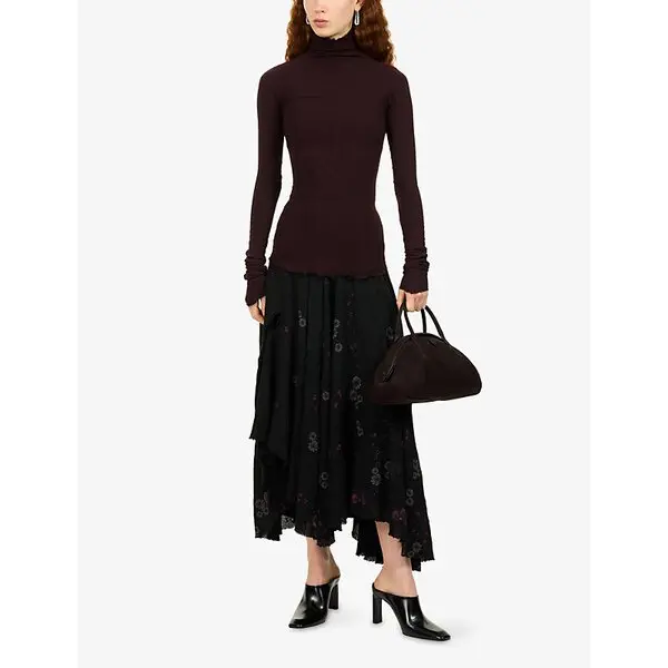 MARC LEBIHAN Embroidered Wool Blend Midi Skirt