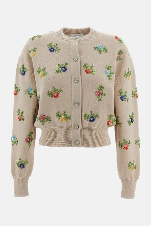 Rabanne Merino Wool Knit Cardigan With Floral Embroidery