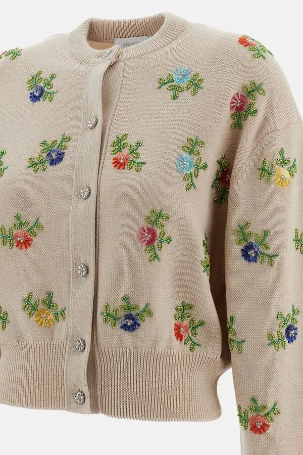 Rabanne Merino Wool Knit Cardigan With Floral Embroidery