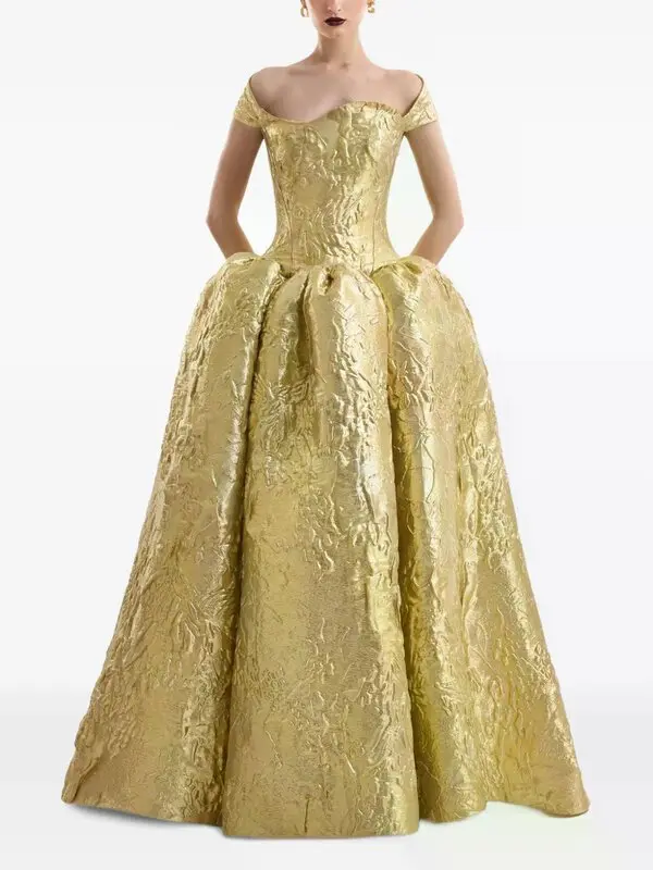 GEMY MAALOUF Off-shoulder Jacquard Gown - Gold