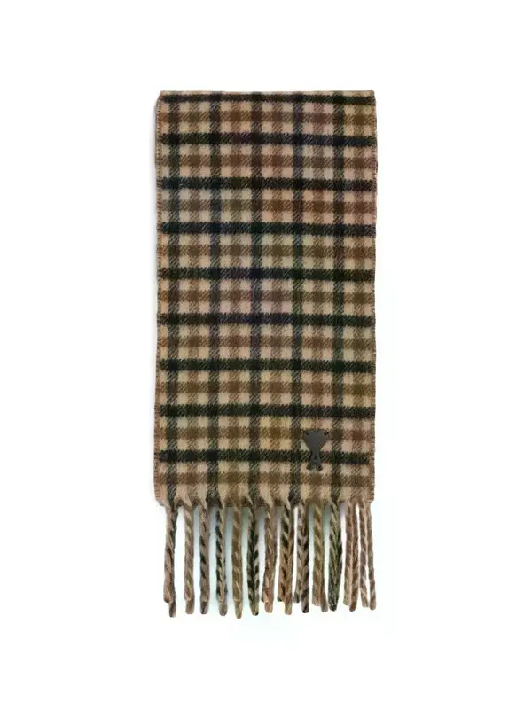 AMI Paris Checked Wool Scarf With De Coeur-patch - Brown