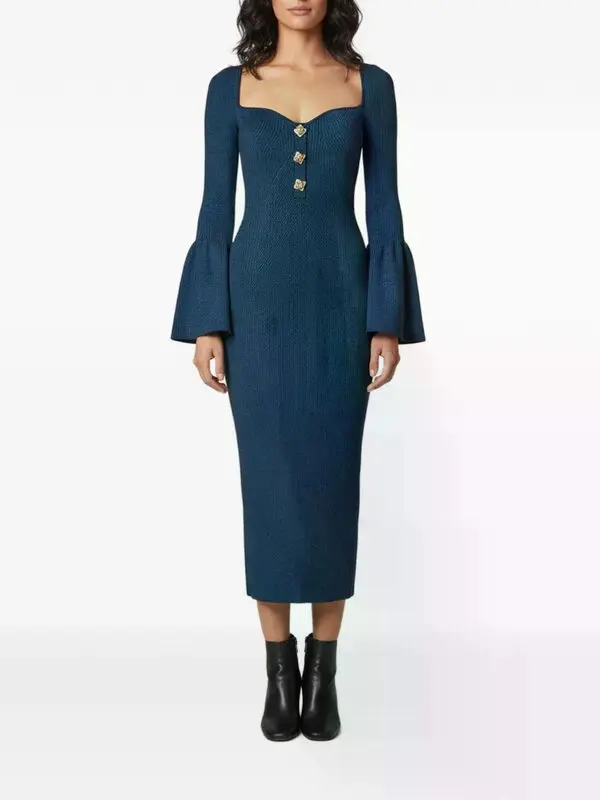 SELF-PORTRAIT Lurex Rib Knit Bell Sleeve Midi Dress