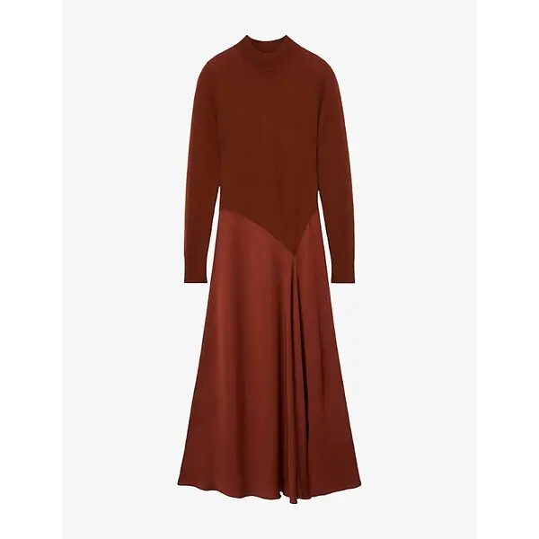 REISS Nora High-neck Knitted Woven Midi Dress