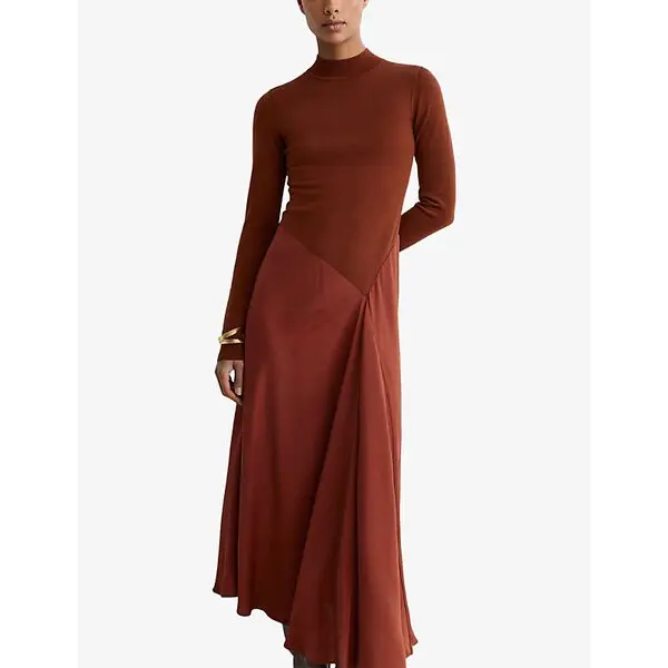 REISS Nora High-neck Knitted Woven Midi Dress