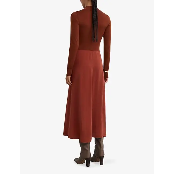 REISS Nora High-neck Knitted Woven Midi Dress